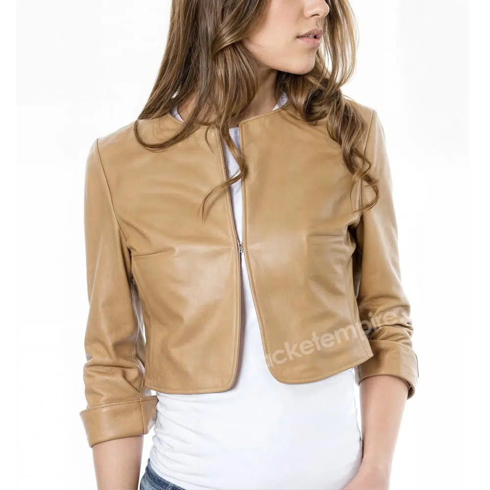 Super Cropped Tan Biker Leather Jacket - Jacket Empire